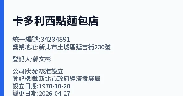 卡多利西點麵包店的照片-統編 34234891(新北市) 公司登記資料與營業項目詳細圖表