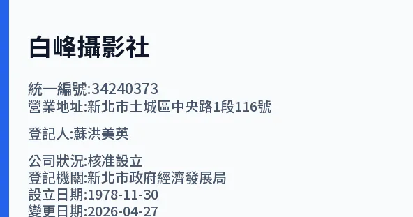 白峰攝影社的照片-統編 34240373(新北市) 公司登記資料與營業項目詳細圖表