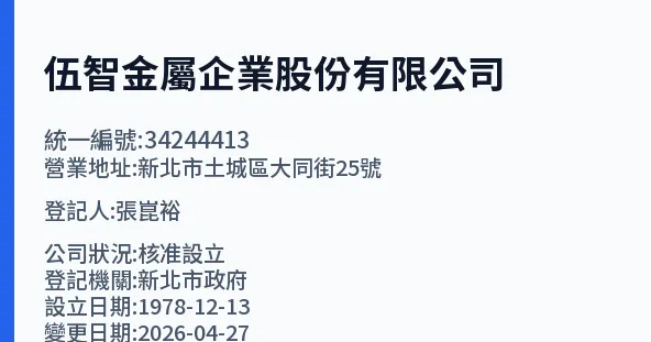 伍智金屬企業股份有限公司的照片-統編 34244413(新北市) 公司登記資料與營業項目詳細圖表