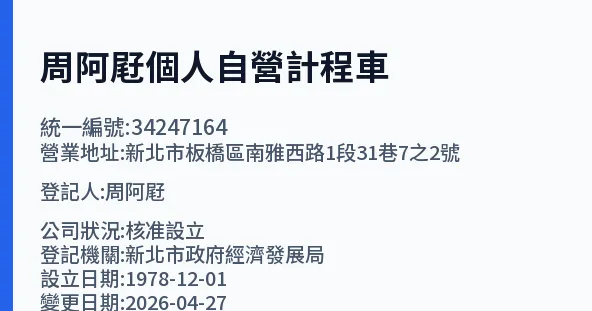 周阿屘個人自營計程車的照片-統編 34247164(新北市) 公司登記資料與營業項目詳細圖表