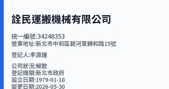 詮民運搬機械有限公司的照片-統編 34248353(新北市) 公司登記資料與營業項目詳細圖表