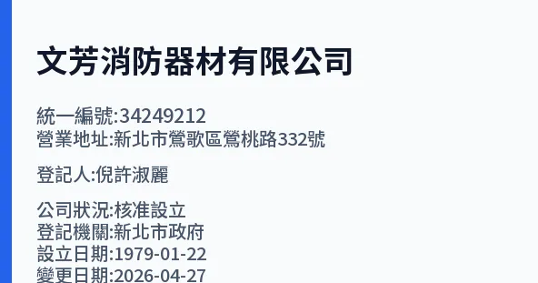 文芳消防器材有限公司的照片-統編 34249212(新北市) 公司登記資料與營業項目詳細圖表