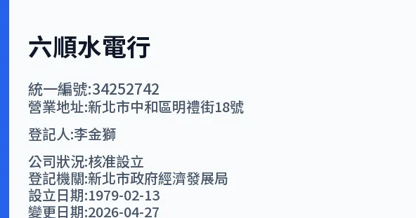 六順水電行的照片-統編 34252742(新北市) 公司登記資料與營業項目詳細圖表