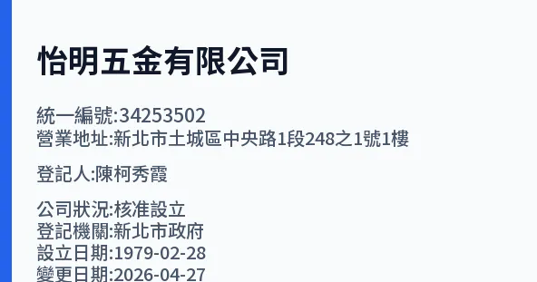 怡明五金有限公司的照片-統編 34253502(新北市) 公司登記資料與營業項目詳細圖表