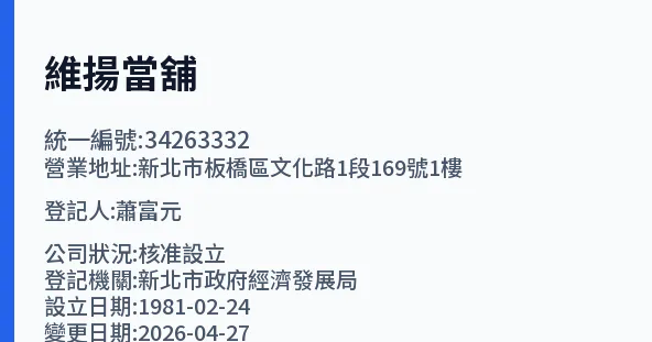 維揚當舖的照片-統編 34263332(新北市) 公司登記資料與營業項目詳細圖表