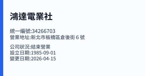 鴻達電業社的照片-統編 34266703(新北市) 公司登記資料與營業項目詳細圖表