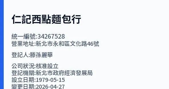 仁記西點麵包行的照片-統編 34267528(新北市) 公司登記資料與營業項目詳細圖表