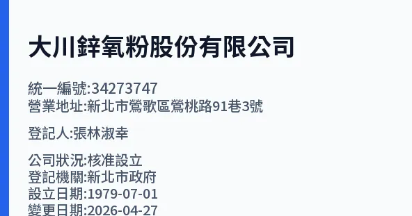 大川鋅氧粉股份有限公司的照片-統編 34273747(新北市) 公司登記資料與營業項目詳細圖表