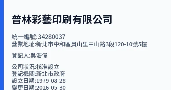 普林彩藝印刷有限公司的照片-統編 34280037(新北市) 公司登記資料與營業項目詳細圖表