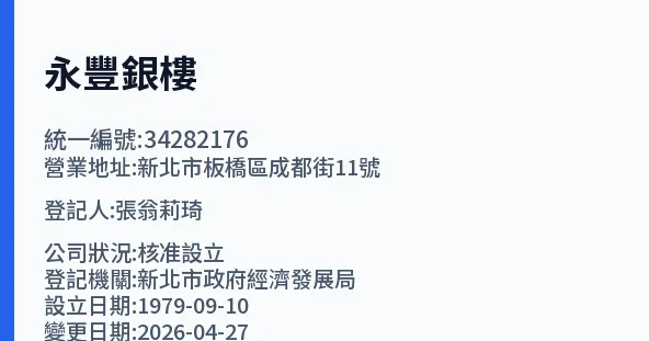 永豐銀樓的照片-統編 34282176(新北市) 公司登記資料與營業項目詳細圖表