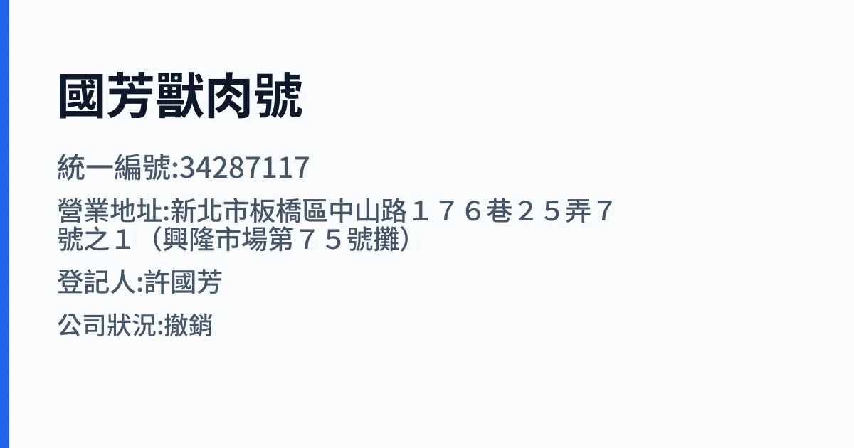 國芳獸肉號 - 統編 34287117(新北市) 公司登記資料與營業項目詳細圖表