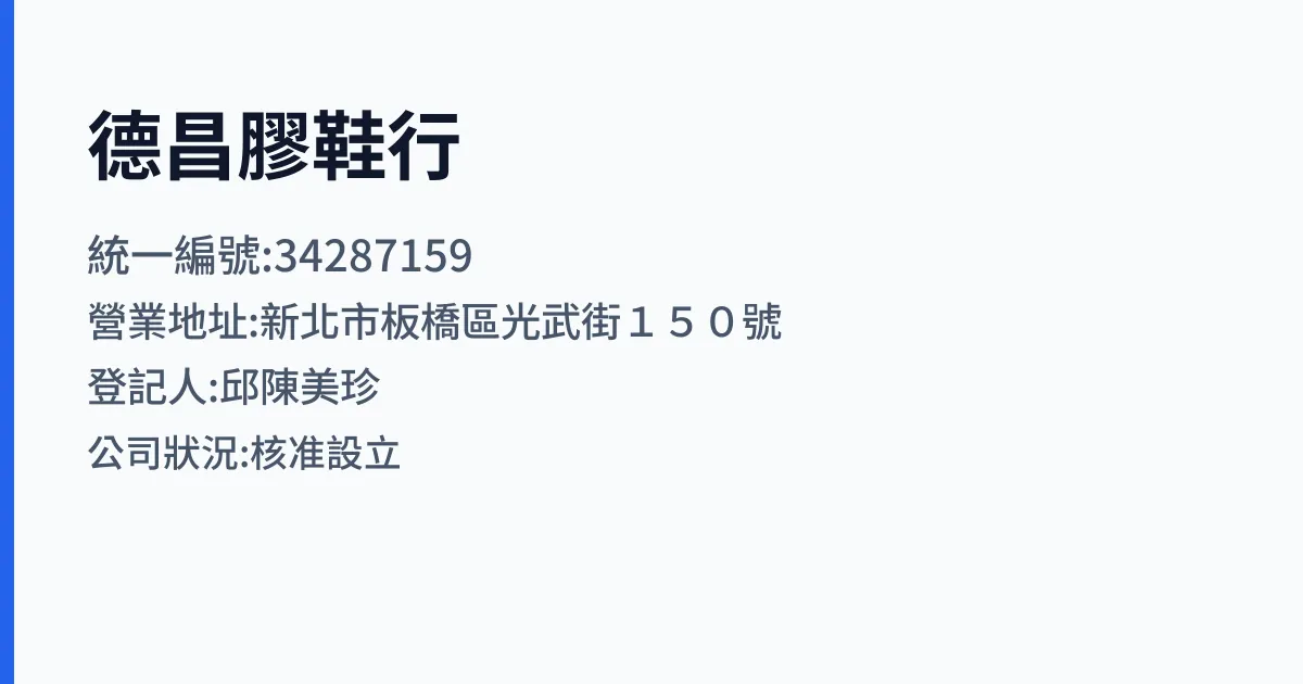 德昌膠鞋行 - 統編 34287159(新北市) 公司登記資料與營業項目詳細圖表