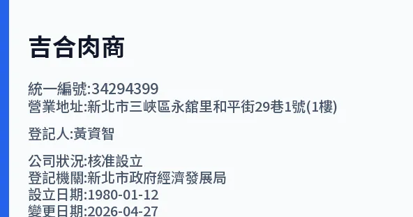 吉合肉商的照片-統編 34294399(新北市) 公司登記資料與營業項目詳細圖表