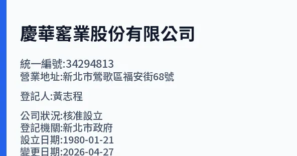 慶華窰業股份有限公司的照片-統編 34294813(新北市) 公司登記資料與營業項目詳細圖表