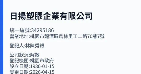 日揚塑膠企業有限公司的照片-統編 34295186(桃園市) 公司登記資料與營業項目詳細圖表
