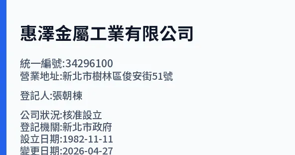 惠澤金屬工業有限公司的照片-統編 34296100(新北市) 公司登記資料與營業項目詳細圖表