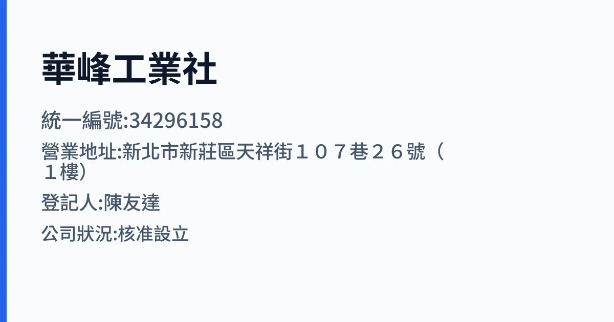 華峰工業社 - 統編 34296158(新北市) 公司登記資料與營業項目詳細圖表