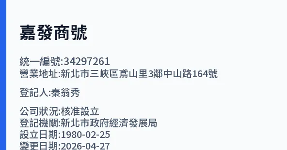 嘉發商號的照片-統編 34297261(新北市) 公司登記資料與營業項目詳細圖表