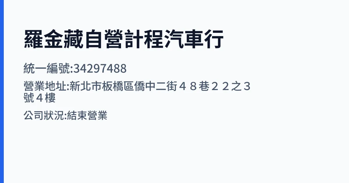 羅金藏自營計程汽車行 - 統編 34297488(新北市) 公司登記資料與營業項目詳細圖表