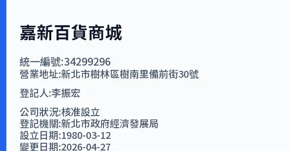 嘉新百貨商城的照片-統編 34299296(新北市) 公司登記資料與營業項目詳細圖表
