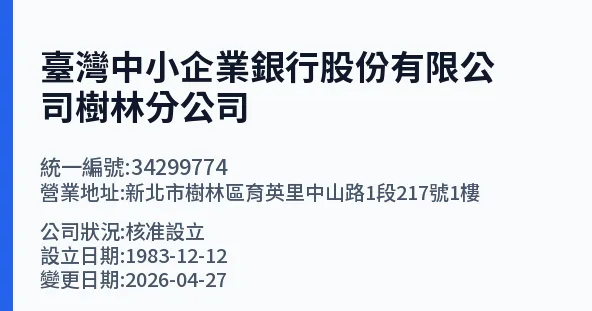 臺灣中小企業銀行股份有限公司樹林分公司的照片-統編 34299774(新北市) 公司登記資料與營業項目詳細圖表