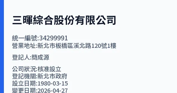 三暉綜合股份有限公司的照片-統編 34299991(新北市) 公司登記資料與營業項目詳細圖表