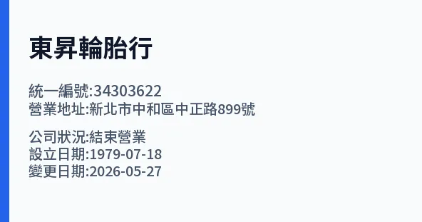 東昇輪胎行的照片-統編 34303622(新北市) 公司登記資料與營業項目詳細圖表