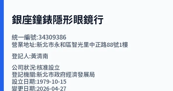 銀座鐘錶隱形眼鏡行的照片-統編 34309386(新北市) 公司登記資料與營業項目詳細圖表