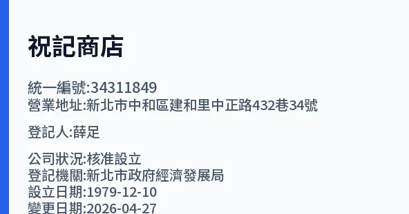 祝記商店的照片-統編 34311849(新北市) 公司登記資料與營業項目詳細圖表
