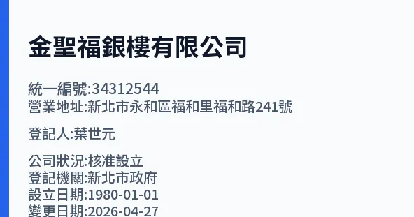 金聖福銀樓有限公司的照片-統編 34312544(新北市) 公司登記資料與營業項目詳細圖表