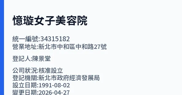 憶璇女子美容院的照片-統編 34315182(新北市) 公司登記資料與營業項目詳細圖表