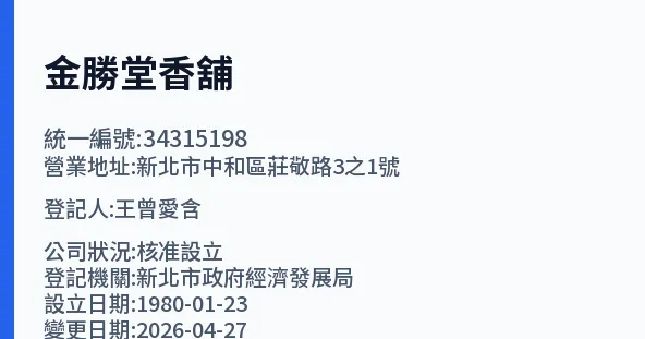 金勝堂香舖的照片-統編 34315198(新北市) 公司登記資料與營業項目詳細圖表