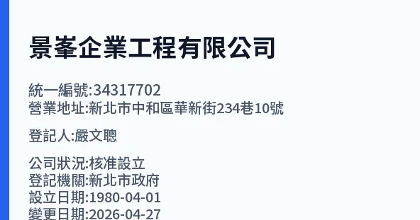 景峯企業工程有限公司的照片-統編 34317702(新北市) 公司登記資料與營業項目詳細圖表