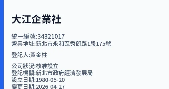 大江企業社的照片-統編 34321017(新北市) 公司登記資料與營業項目詳細圖表
