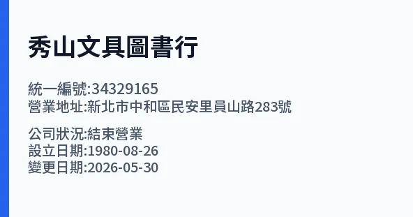 秀山文具圖書行的照片-統編 34329165(新北市) 公司登記資料與營業項目詳細圖表