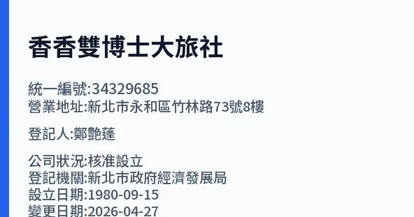 香香雙博士大旅社的照片-統編 34329685(新北市) 公司登記資料與營業項目詳細圖表