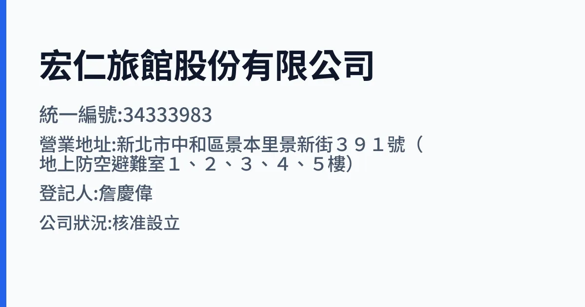 宏仁旅館股份有限公司 - 統編 34333983(新北市) 公司登記資料與營業項目詳細圖表