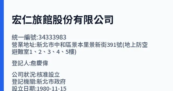 宏仁旅館股份有限公司的照片-統編 34333983(新北市) 公司登記資料與營業項目詳細圖表