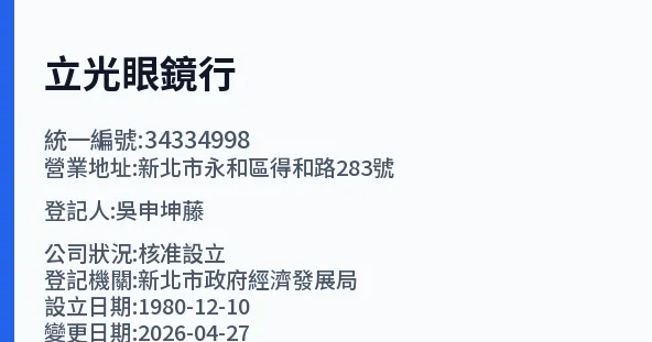 立光眼鏡行的照片-統編 34334998(新北市) 公司登記資料與營業項目詳細圖表
