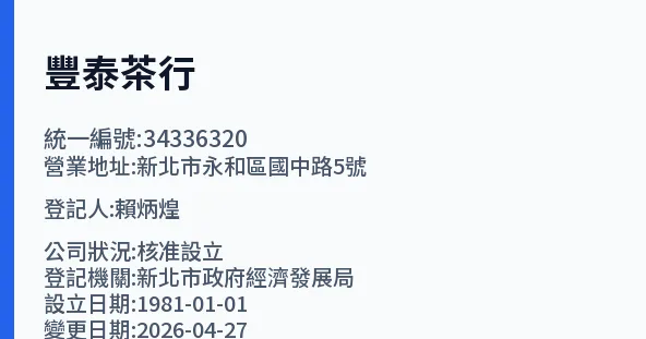豐泰茶行的照片-統編 34336320(新北市) 公司登記資料與營業項目詳細圖表