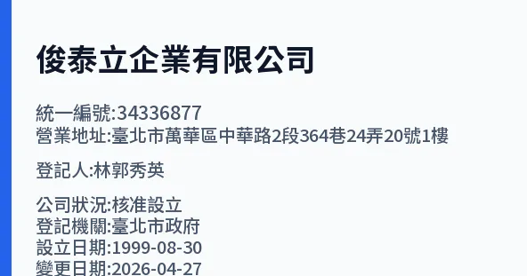 俊泰立企業有限公司的照片-統編 34336877(臺北市) 公司登記資料與營業項目詳細圖表
