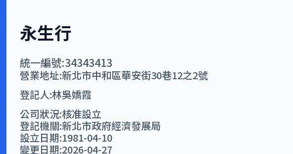 永生行的照片-統編 34343413(新北市) 公司登記資料與營業項目詳細圖表