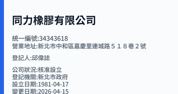 同力橡膠有限公司 - 統編 34343618(新北市) 公司登記資料與營業項目詳細圖表