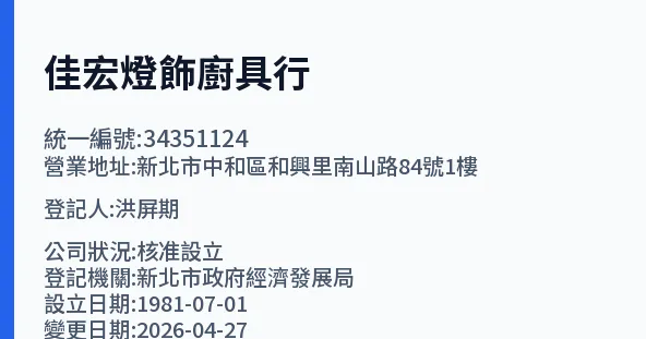 佳宏燈飾廚具行的照片-統編 34351124(新北市) 公司登記資料與營業項目詳細圖表