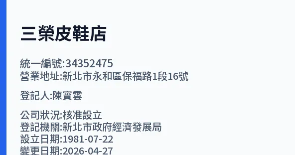 三榮皮鞋店的照片-統編 34352475(新北市) 公司登記資料與營業項目詳細圖表