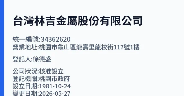 台灣林吉金屬股份有限公司的照片-統編 34362620(桃園市) 公司登記資料與營業項目詳細圖表