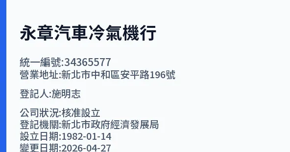 永章汽車冷氣機行的照片-統編 34365577(新北市) 公司登記資料與營業項目詳細圖表