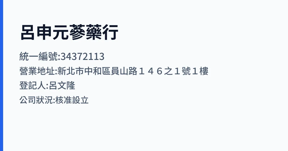 呂申元蔘藥行 - 統編 34372113(新北市) 公司登記資料與營業項目詳細圖表