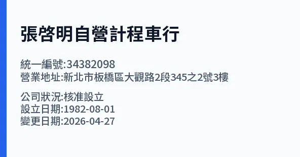 張啓明自營計程車行的照片-統編 34382098(新北市) 公司登記資料與營業項目詳細圖表