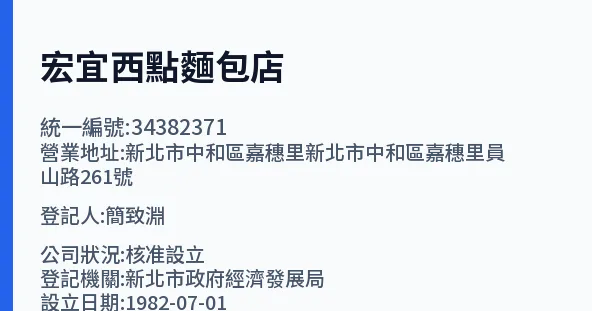 宏宜西點麵包店的照片-統編 34382371(新北市) 公司登記資料與營業項目詳細圖表